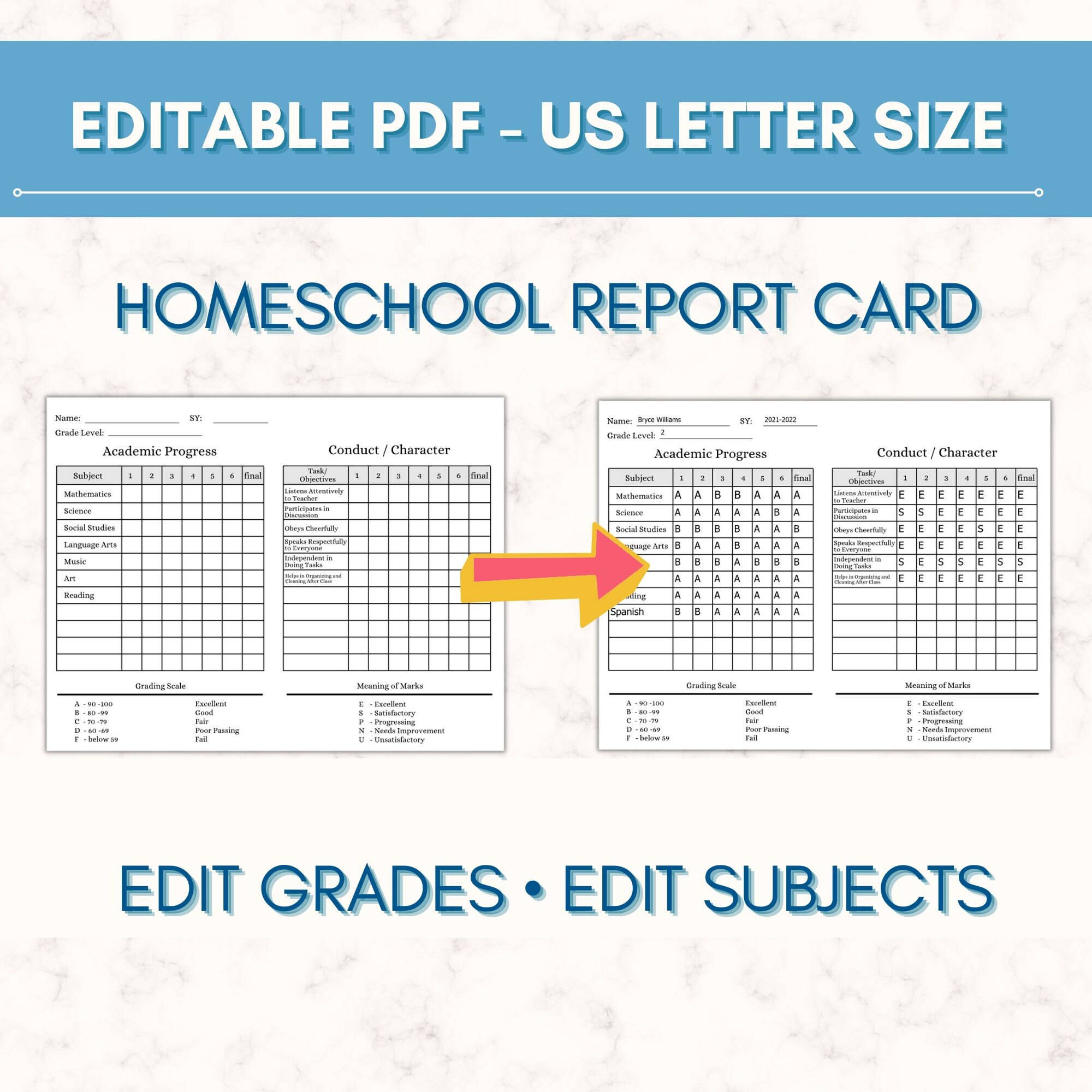 Editable Homeschool Report Card, Homeschool Progress Report, Report ...