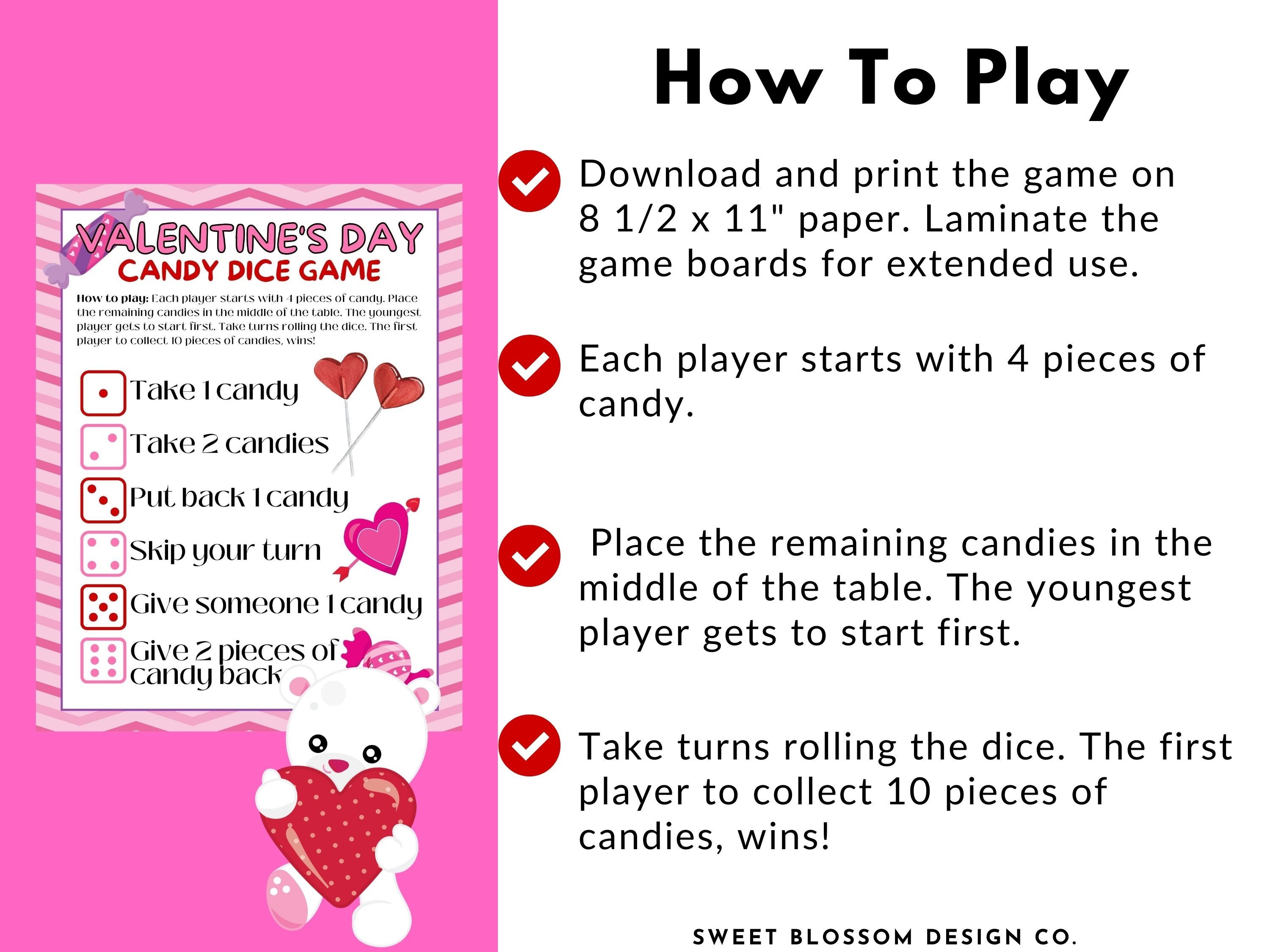 Valentine's Day Candy Dice Game, Valentine's Party Game, Printable ...