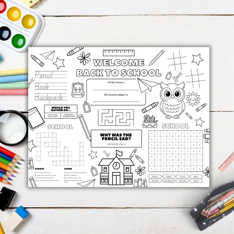 Back to School Placemat Printable, Back to School Coloring Placemat ...