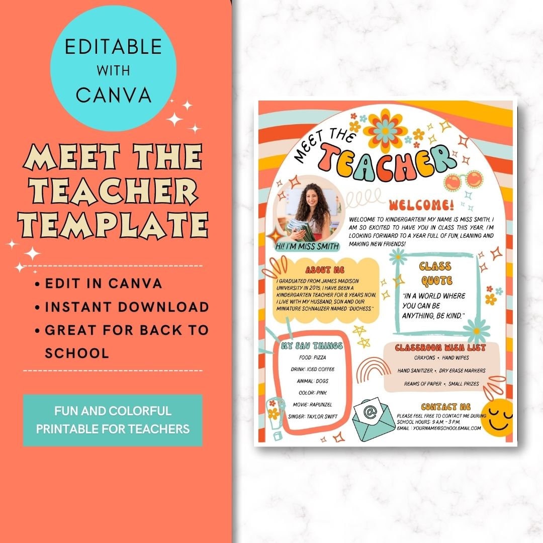 Meet the Teacher Template Groovy, Meet the Teacher Boho Rainbow Canva ...