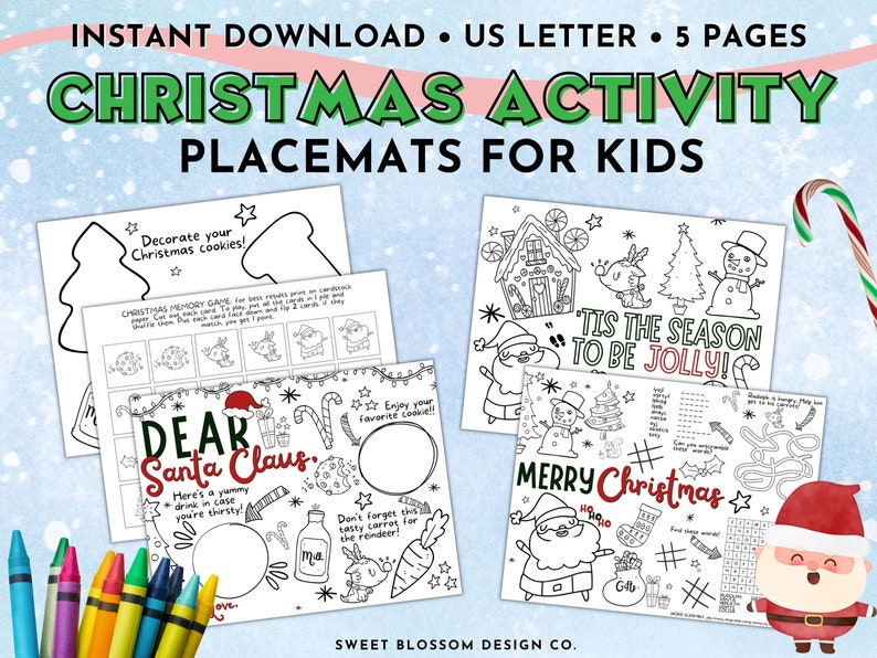 Christmas Activity Placemats, Kids Coloring Placemats Pack of 5 ...