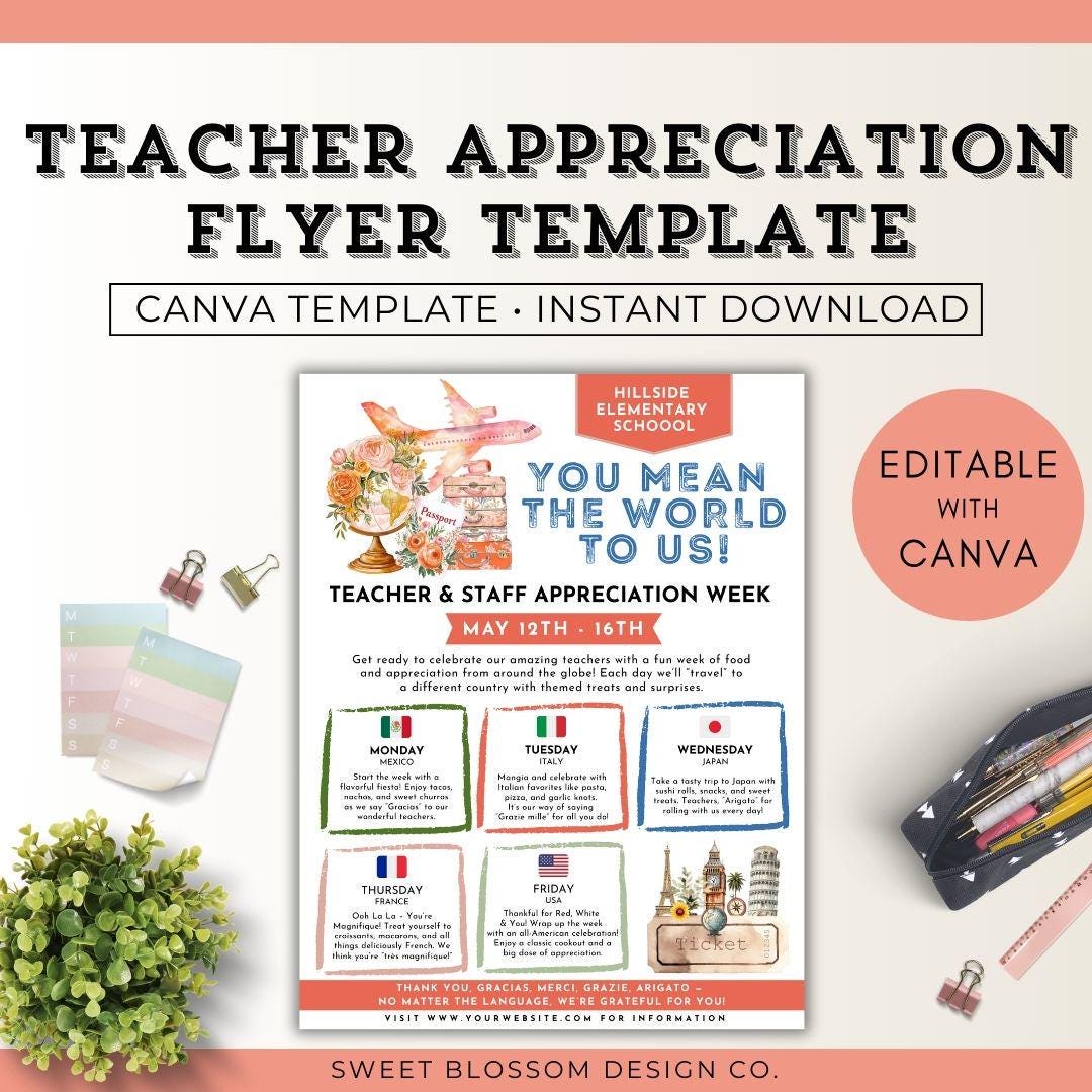 Around the World Teacher Appreciation Template, Airplane Themed Teacher ...