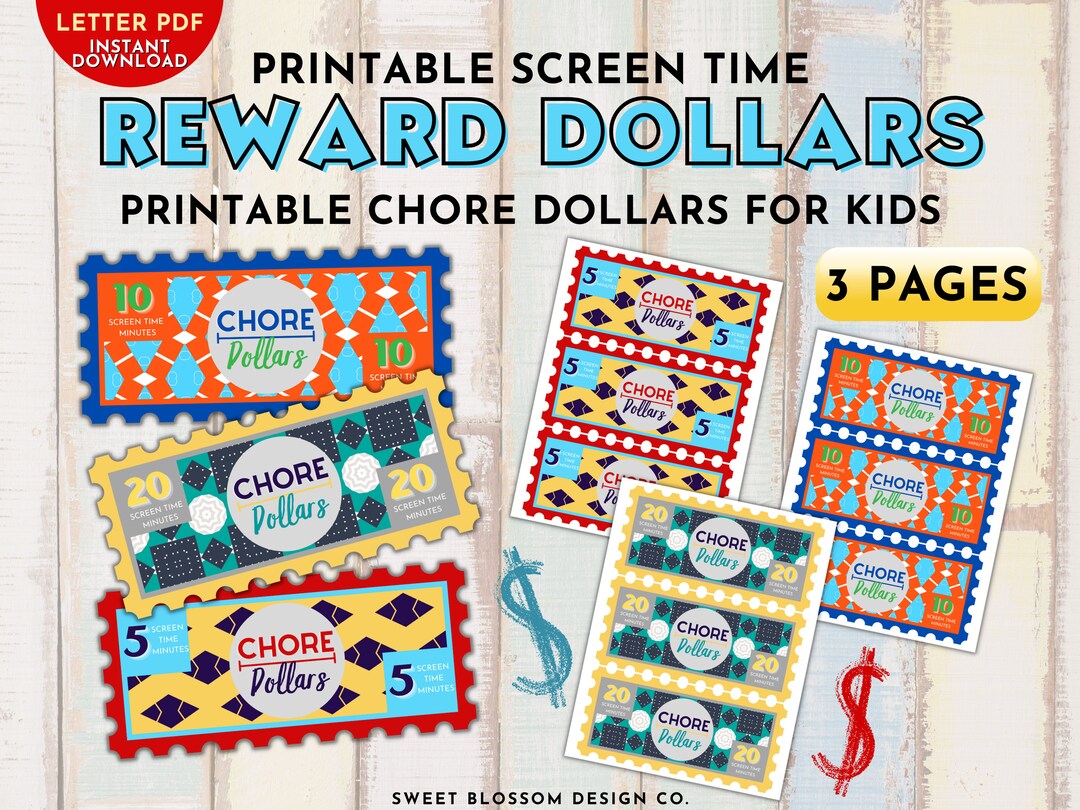 Reward Dollars for Kids, Printable Chore Dollars, Reward Bucks, Screen ...