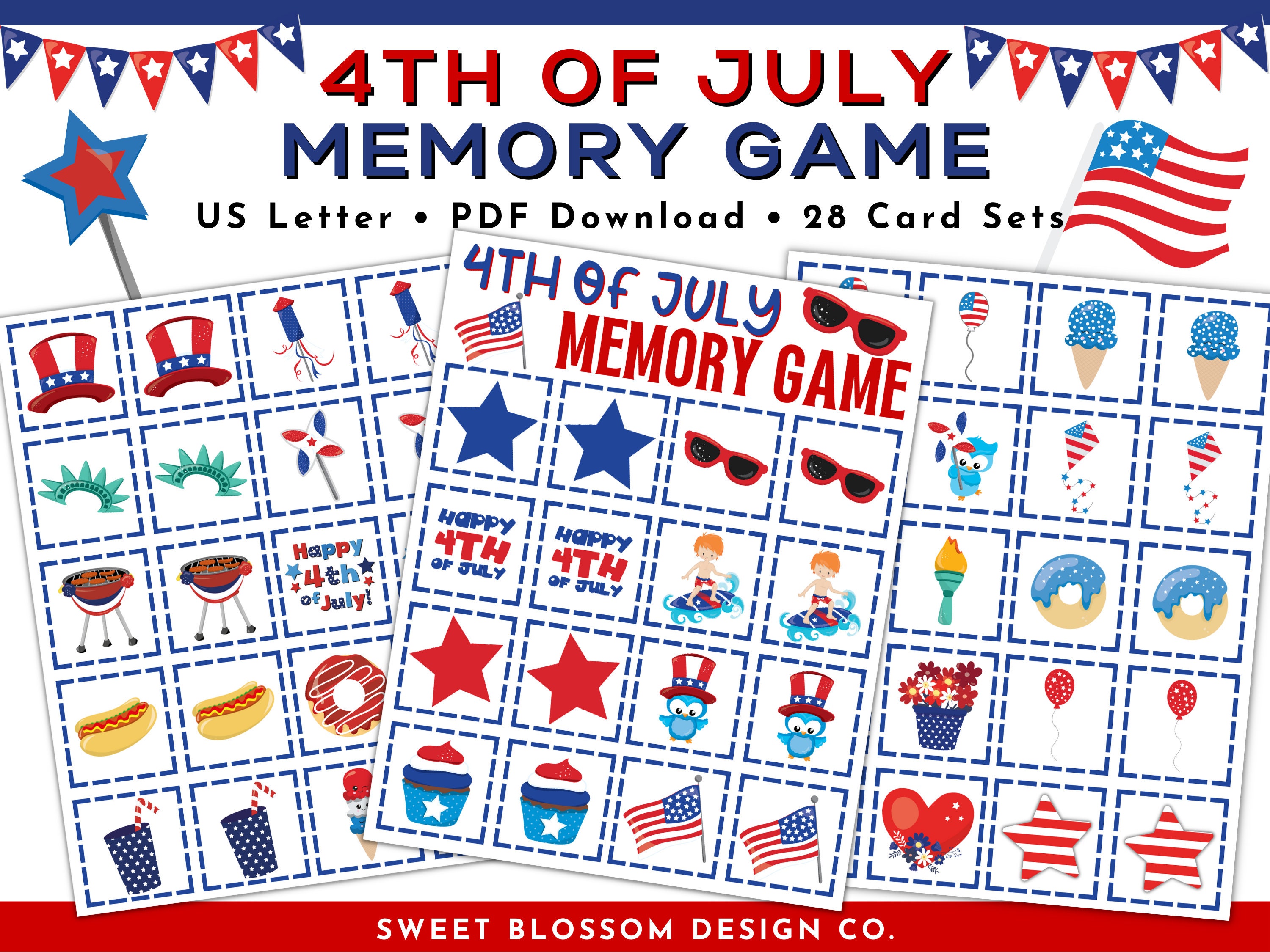 4th of July Memory Game, Printable July 4th Matching Game, Kids Memory ...