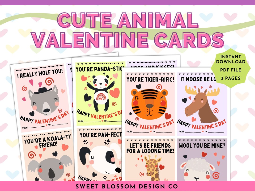 Cute Animal Valentine's Day Cards for Kids, Printable Valentine's Day ...