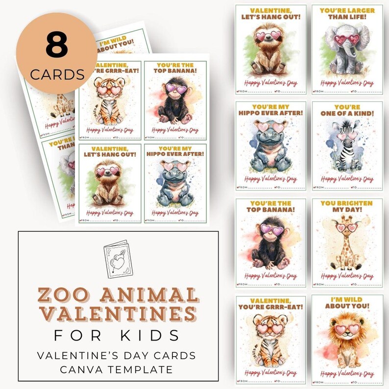 Printable Jungle Animals Valentines, Cute Zoo Animal Cards, Cute ...