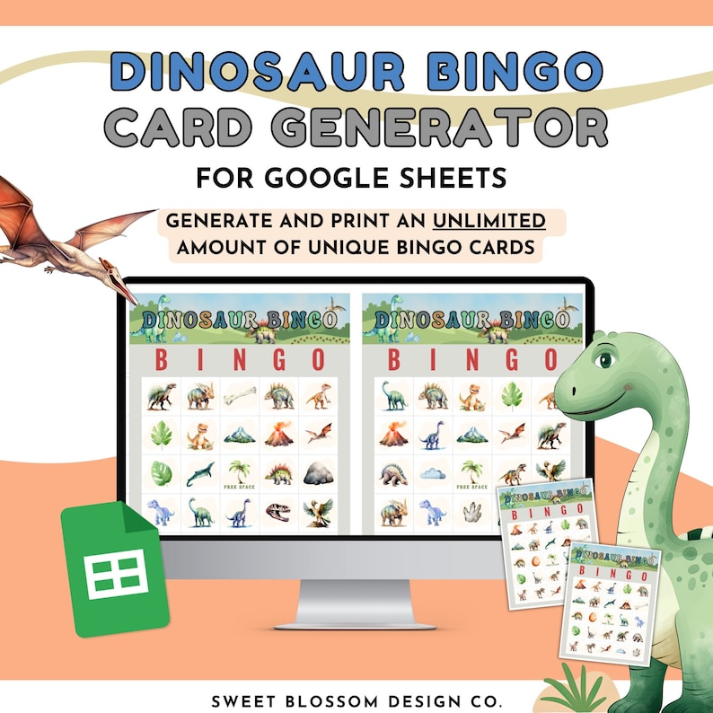 Dinosaur Bingo Card Generator for Google Sheets, Dino Bingo, Google ...