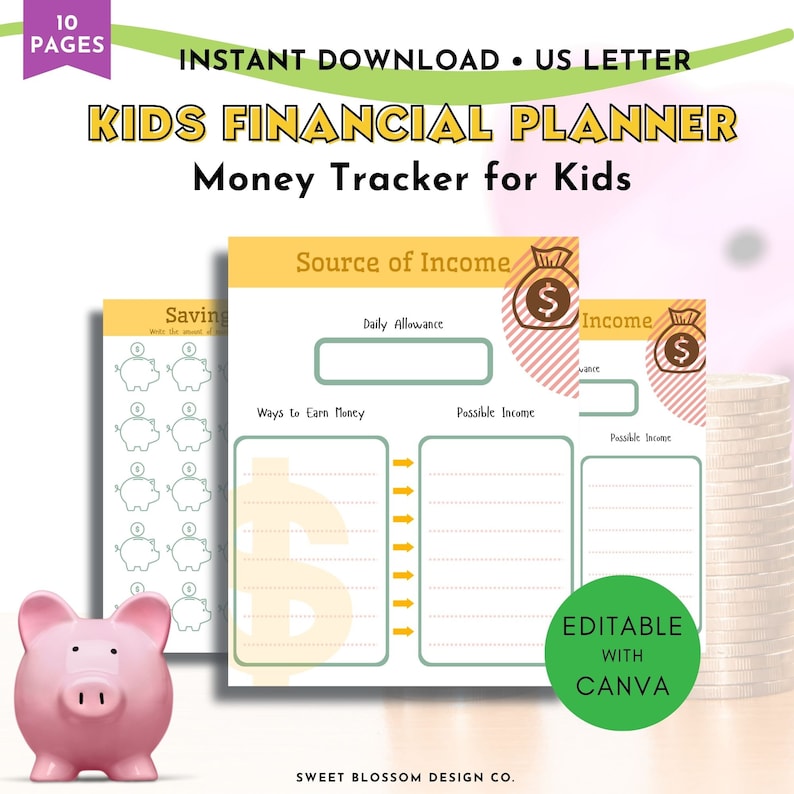 Savings Tracker for Kids, Editable Kids Financial Planner, Financial ...
