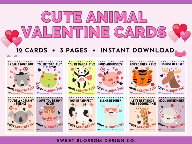 Cute Animal Valentine's Day Cards for Kids, Printable Valentine's Day ...