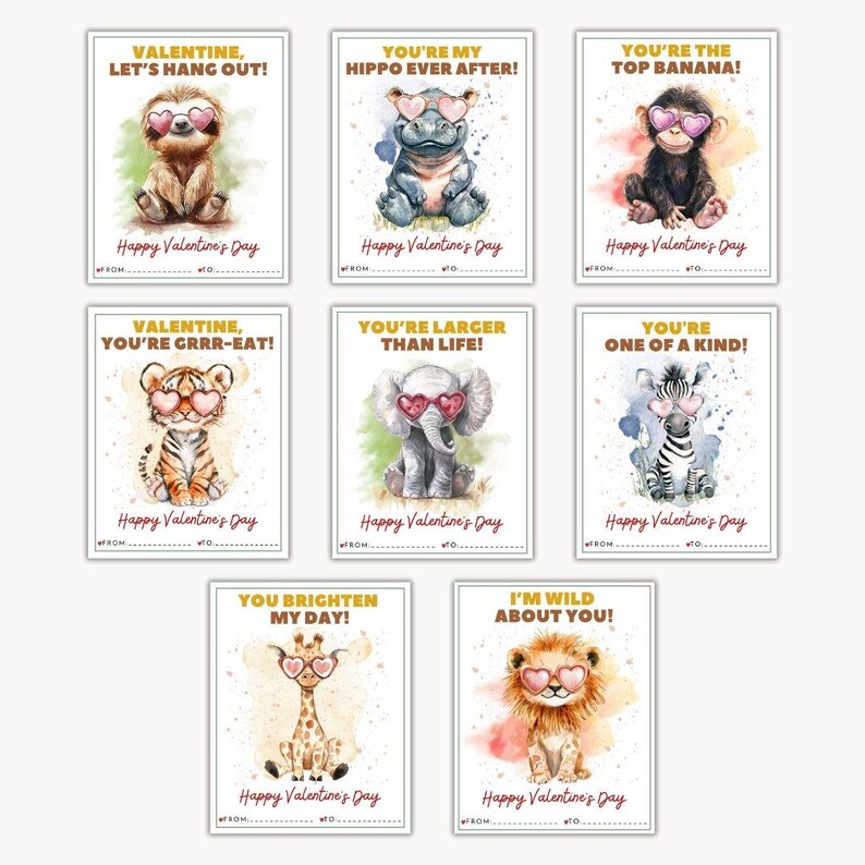 Printable Jungle Animals Valentines, Cute Zoo Animal Cards, Cute ...
