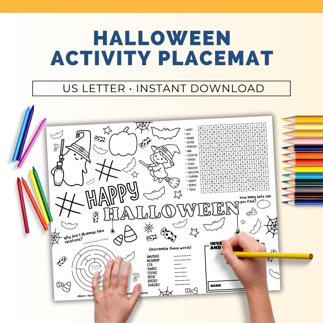 Halloween Activity Placemat Printable, Back to School Coloring Placemat ...