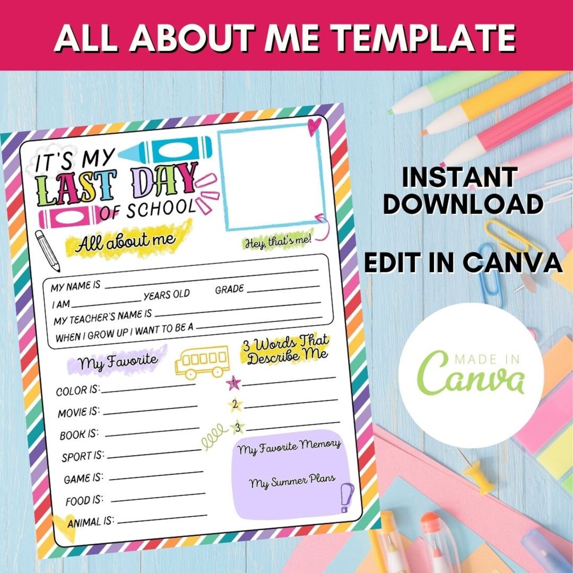 EDITABLE First Day of School All About Me Questionnaire, Last Day of ...