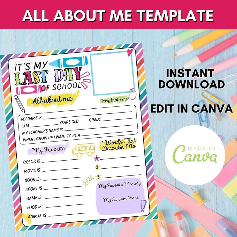 EDITABLE First Day of School All About Me Questionnaire, Last Day of ...