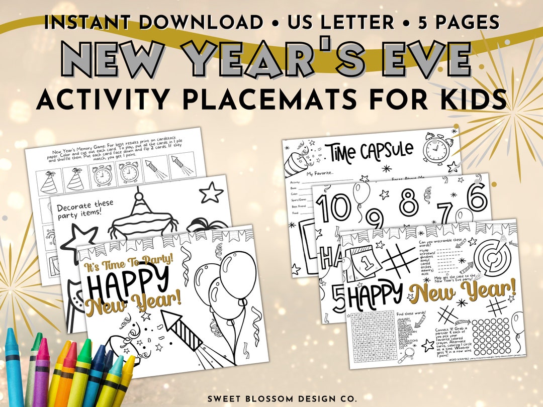 New Year's Eve Activity Placemats, Kids Coloring Placemats for Kids ...