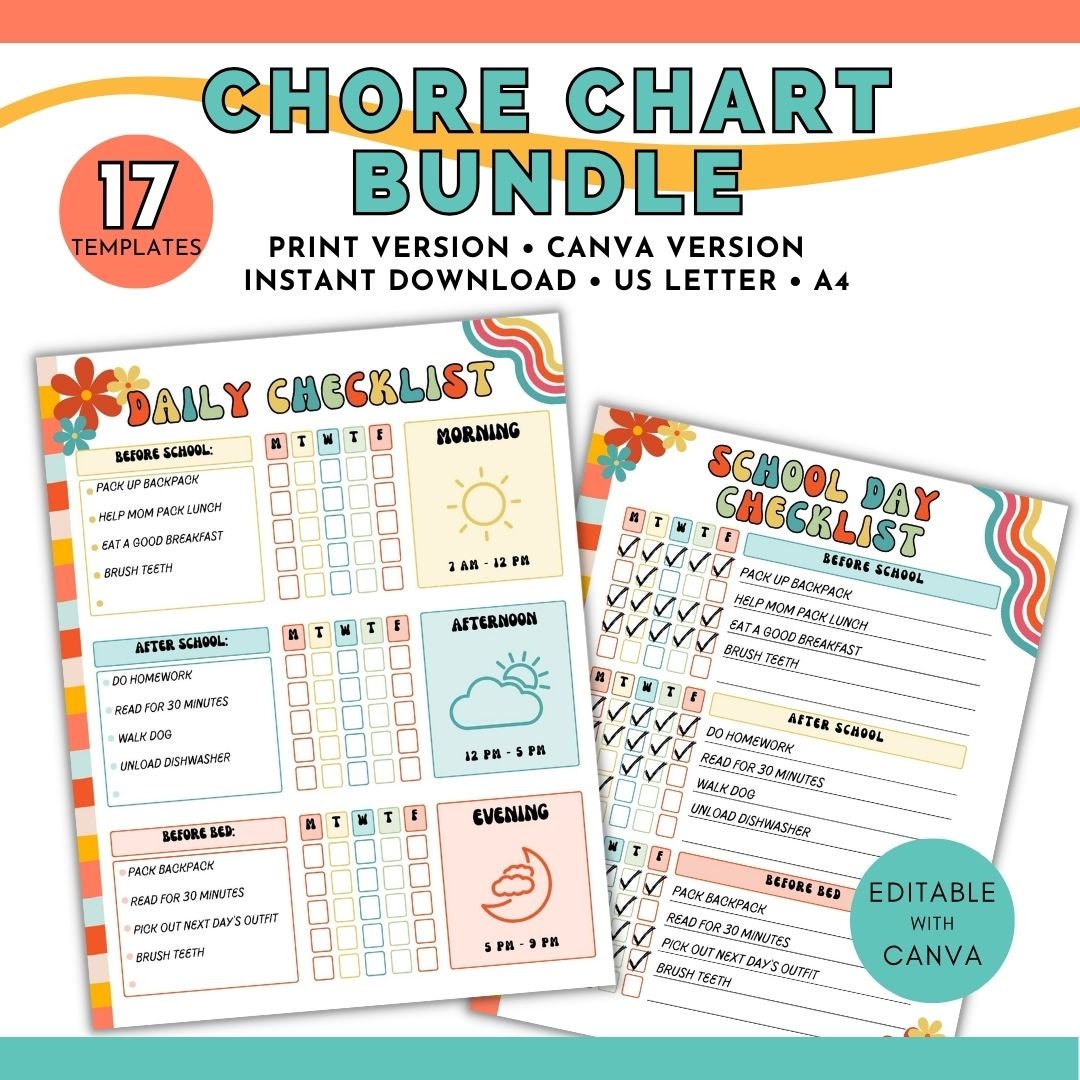 Family Chore Chart Bundle, Editable Kids Chore Chart Checklist Bundle ...