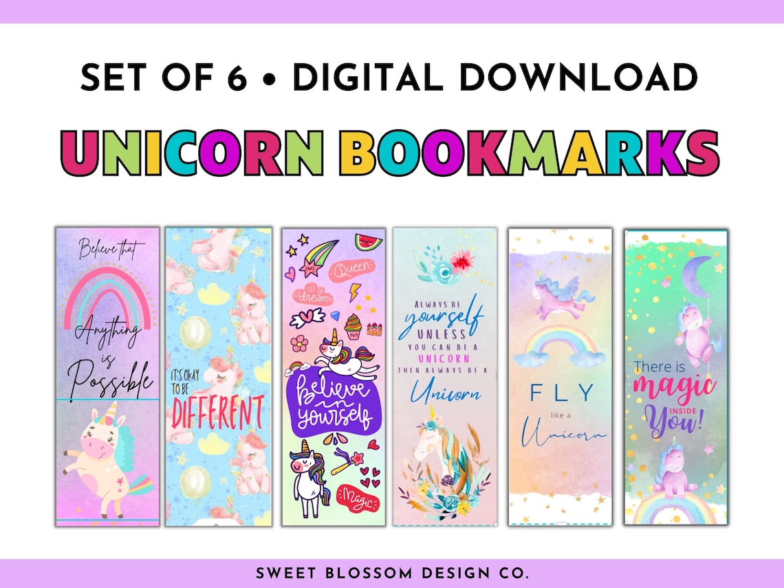 Unicorn Bookmarks, Six Printable Bookmarks for Kids, Printable Unicorn ...