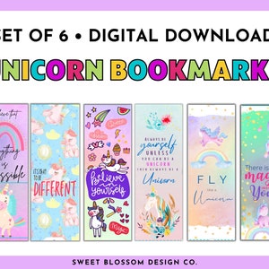 Unicorn Bookmarks, Six Printable Bookmarks for Kids, Printable Unicorn ...