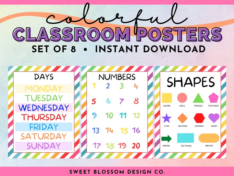 Set of 8 Colorful Classroom Posters, Educational Posters for Kids ...