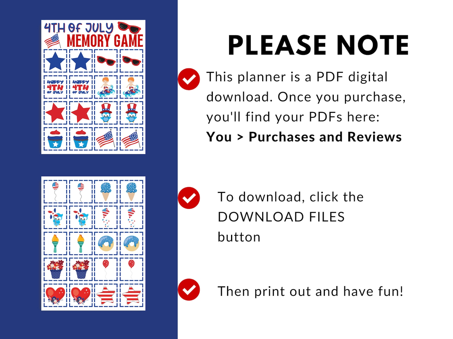 4th of July Memory Game, Printable July 4th Matching Game, Kids Memory ...
