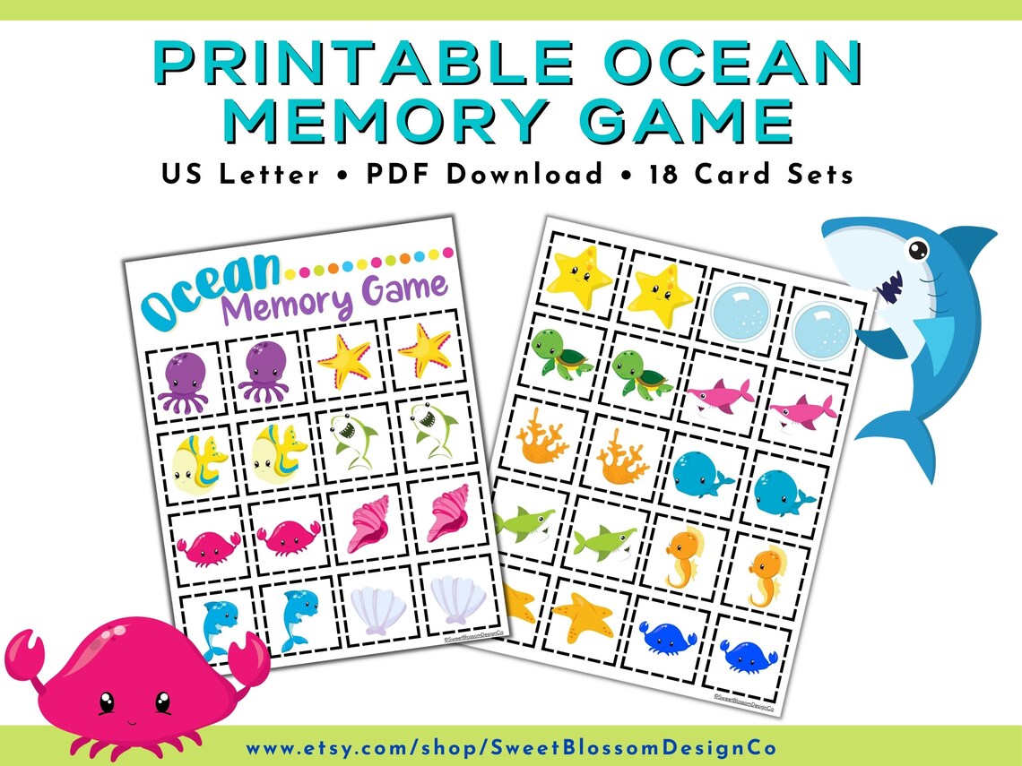 Ocean Themed Printable Memory Game, Ocean Matching Game, Kids Memory ...