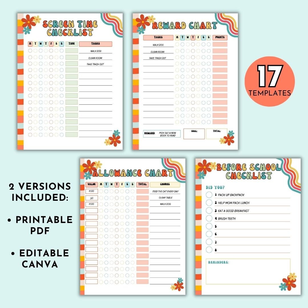 Family Chore Chart Bundle, Editable Kids Chore Chart Checklist Bundle ...