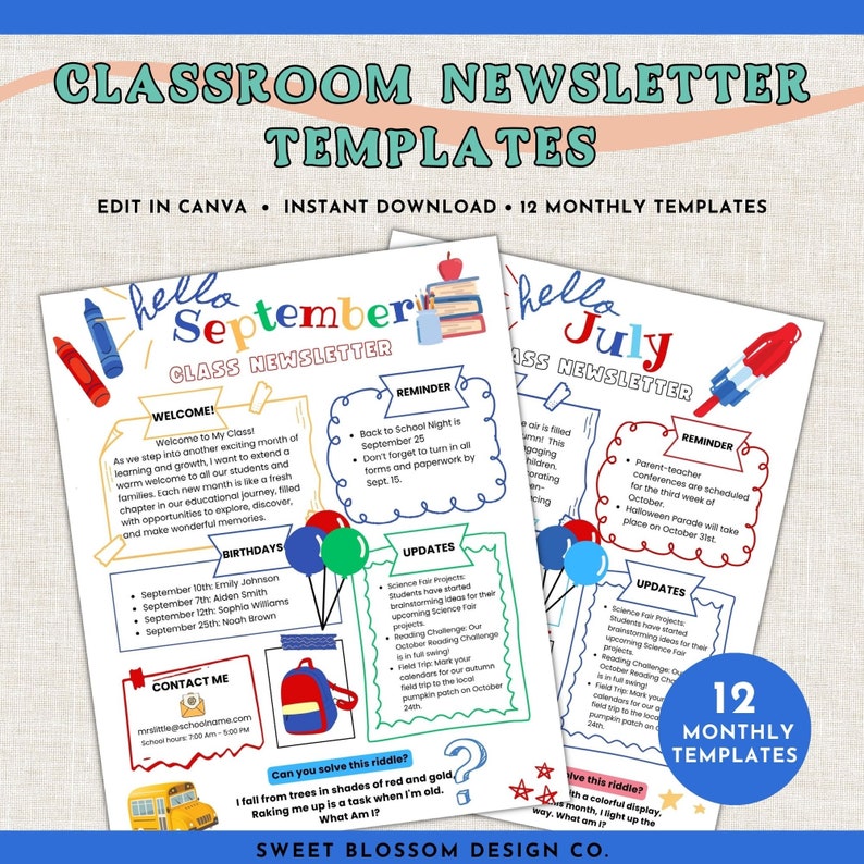 Weekly Classroom Newsletter Template, Monthly Newsletter, School ...