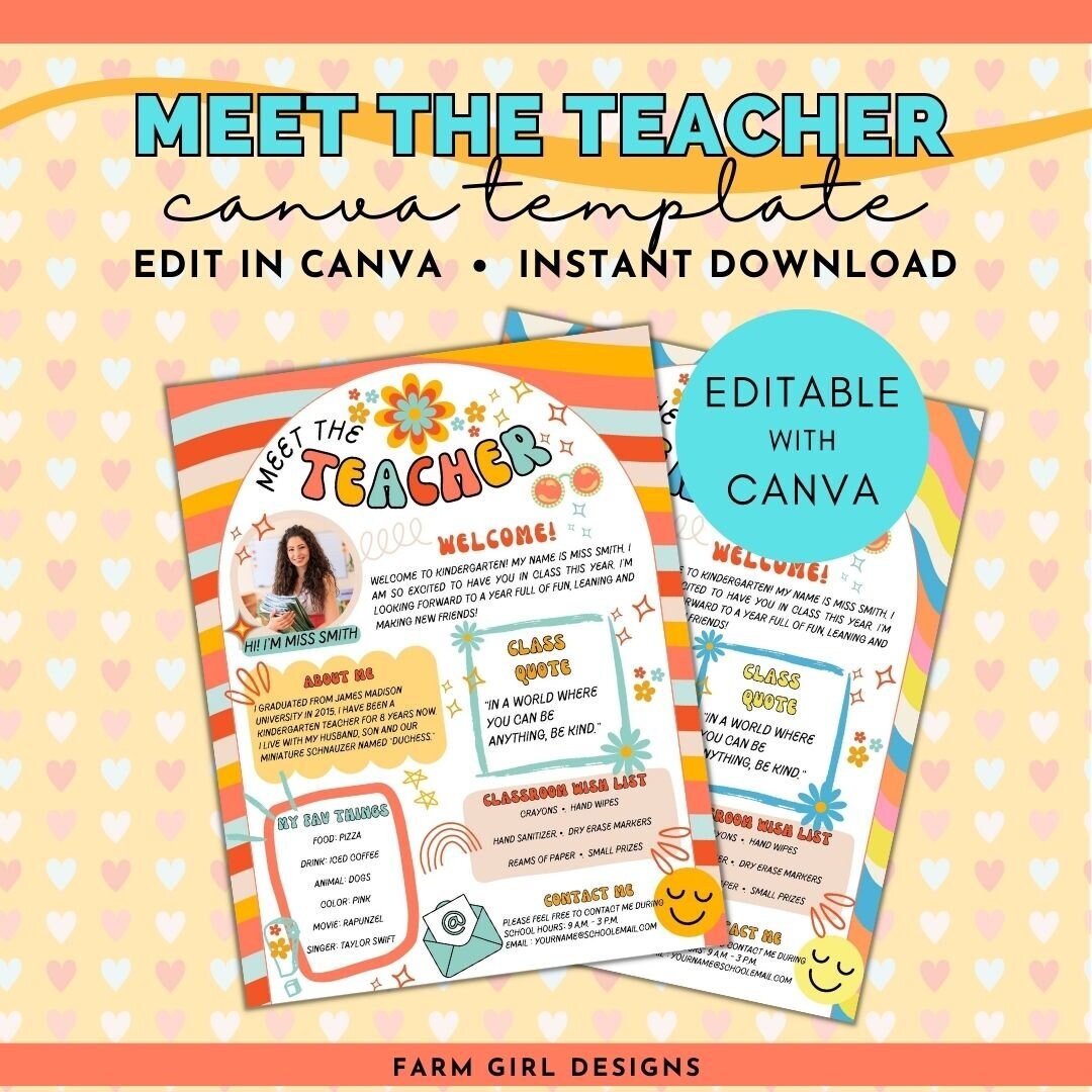 Meet the Teacher Template Groovy, Meet the Teacher Boho Rainbow Canva ...
