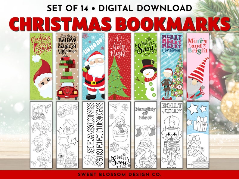 Christmas Printable Bookmarks, Christmas Coloring Bookmarks, Holiday ...