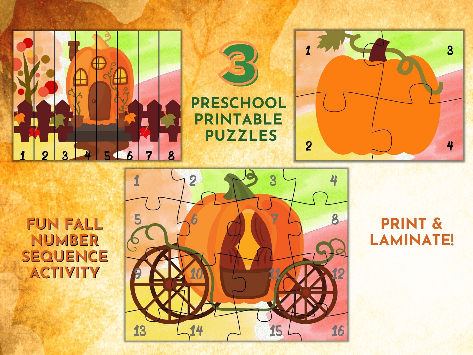 Printable Fall Number Sequence Puzzles, Pumpkin Puzzle for Preschoolers ...