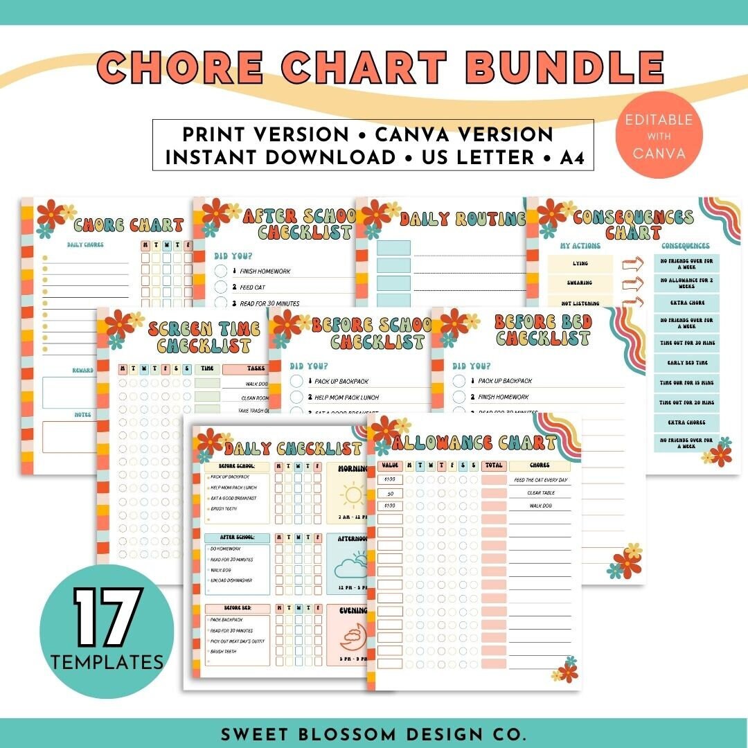 Family Chore Chart Bundle, Editable Kids Chore Chart Checklist Bundle ...