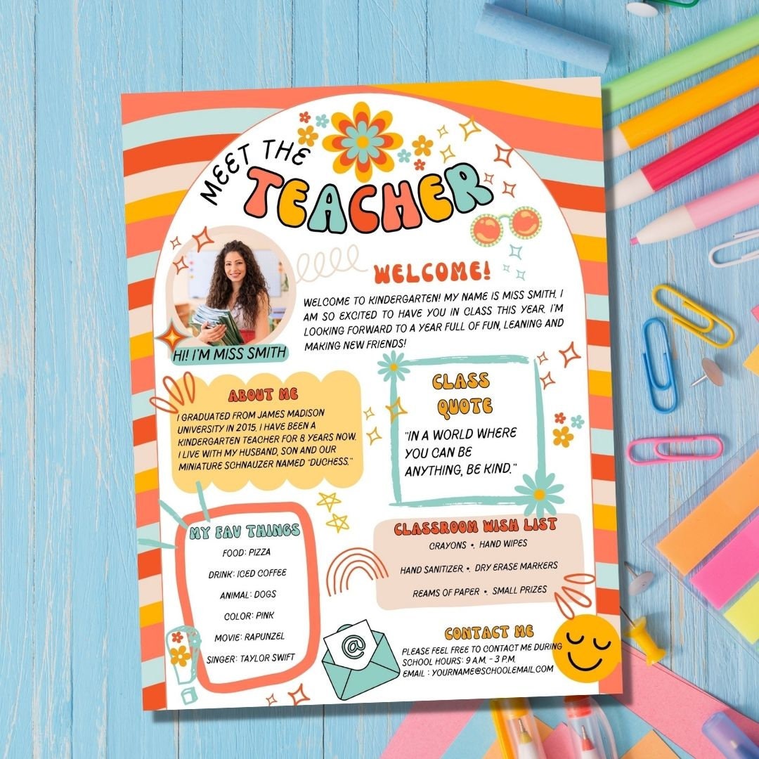 Meet the Teacher Template Groovy, Meet the Teacher Boho Rainbow Canva ...