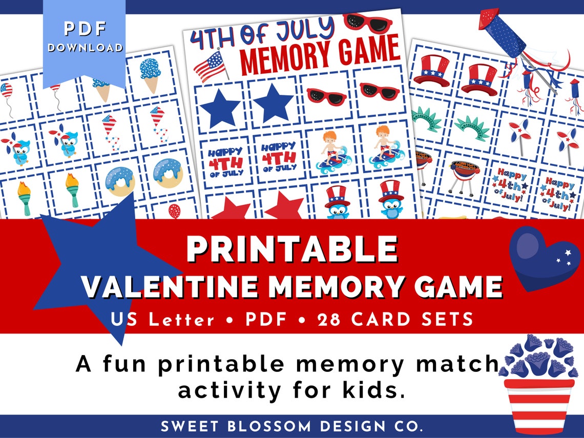 4th of July Memory Game, Printable July 4th Matching Game, Kids Memory ...