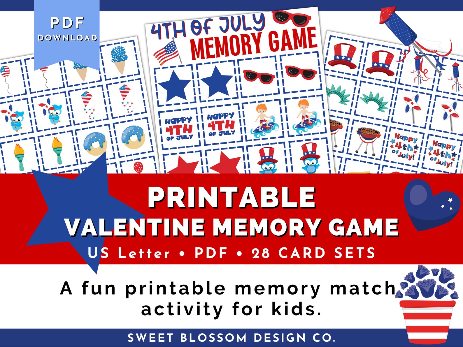 4th of July Memory Game, Printable July 4th Matching Game, Kids Memory ...