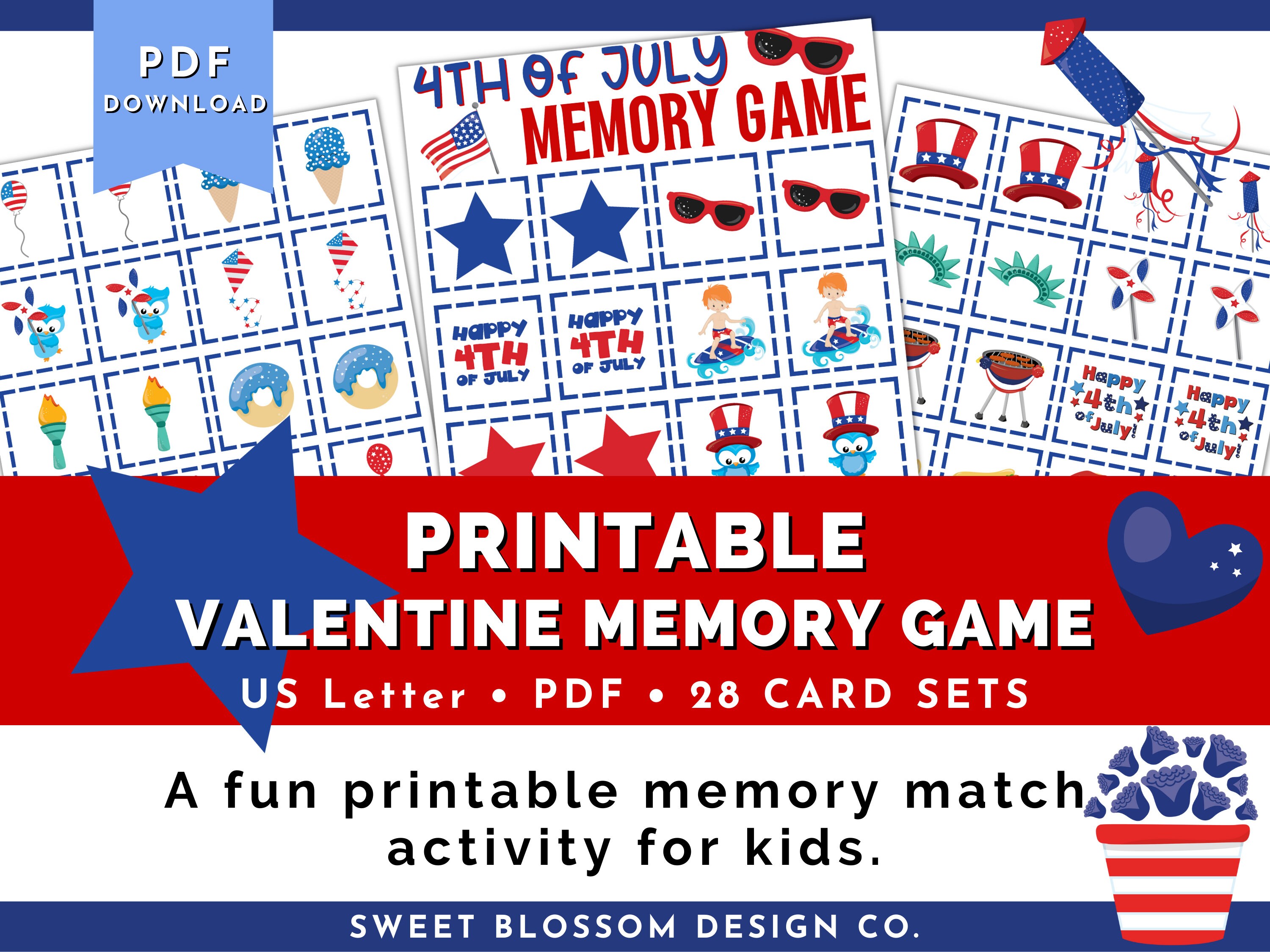 4th of July Memory Game, Printable July 4th Matching Game, Kids Memory ...