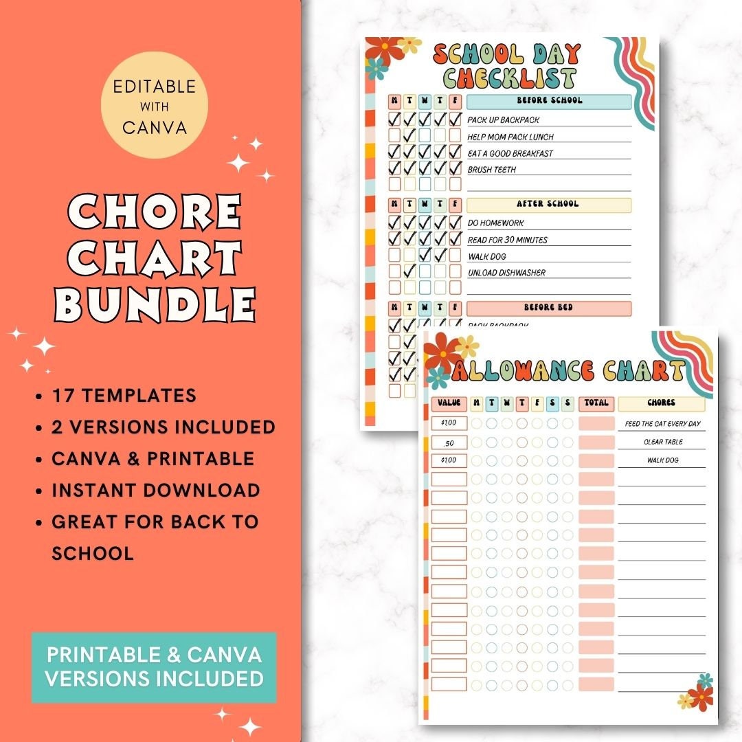 Family Chore Chart Bundle, Editable Kids Chore Chart Checklist Bundle ...