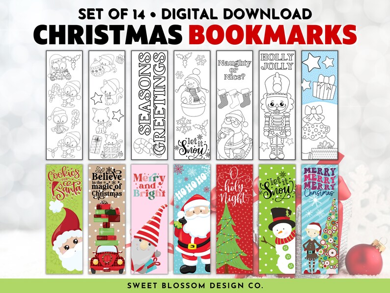 Christmas Printable Bookmarks, Christmas Coloring Bookmarks, Holiday ...