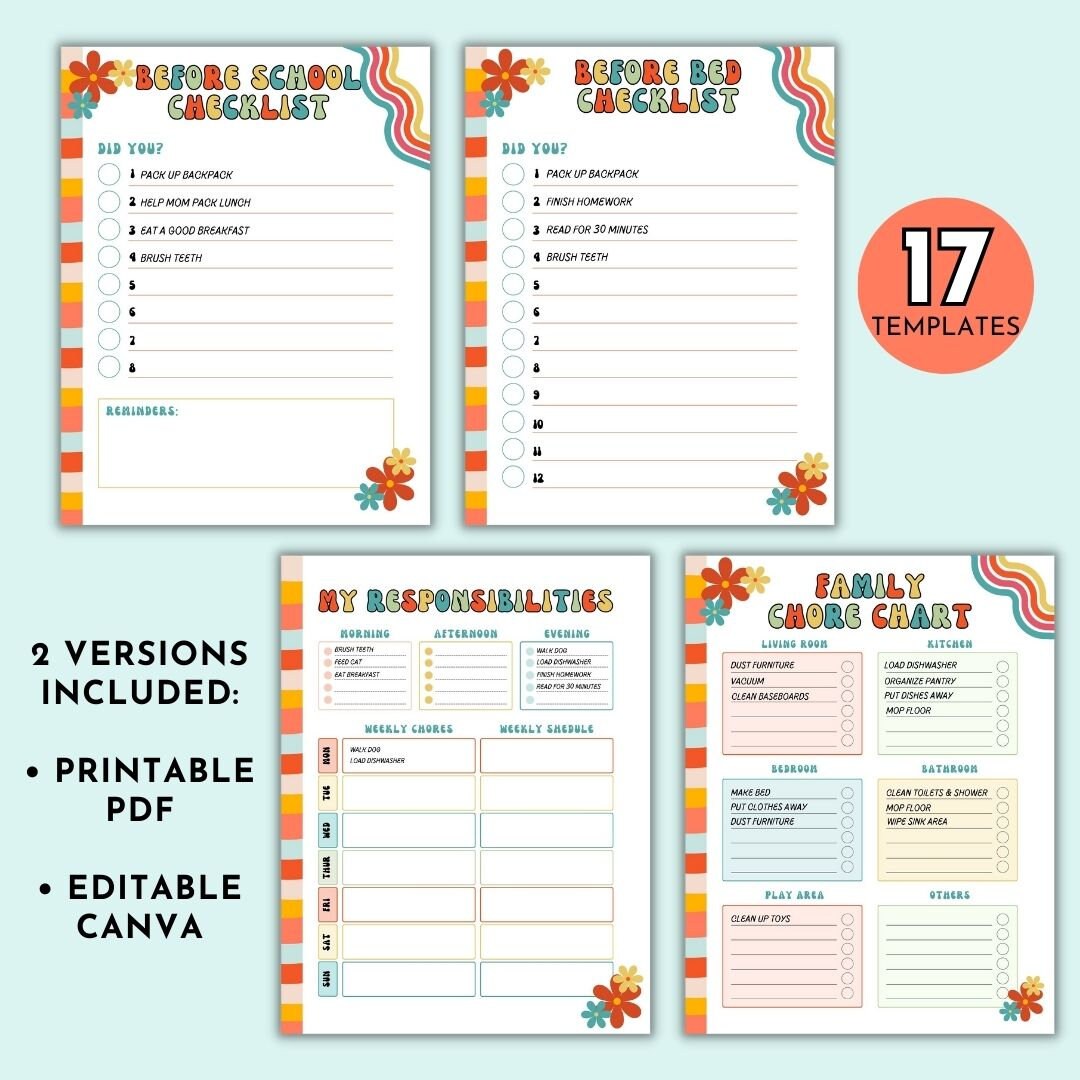 Family Chore Chart Bundle, Editable Kids Chore Chart Checklist Bundle ...