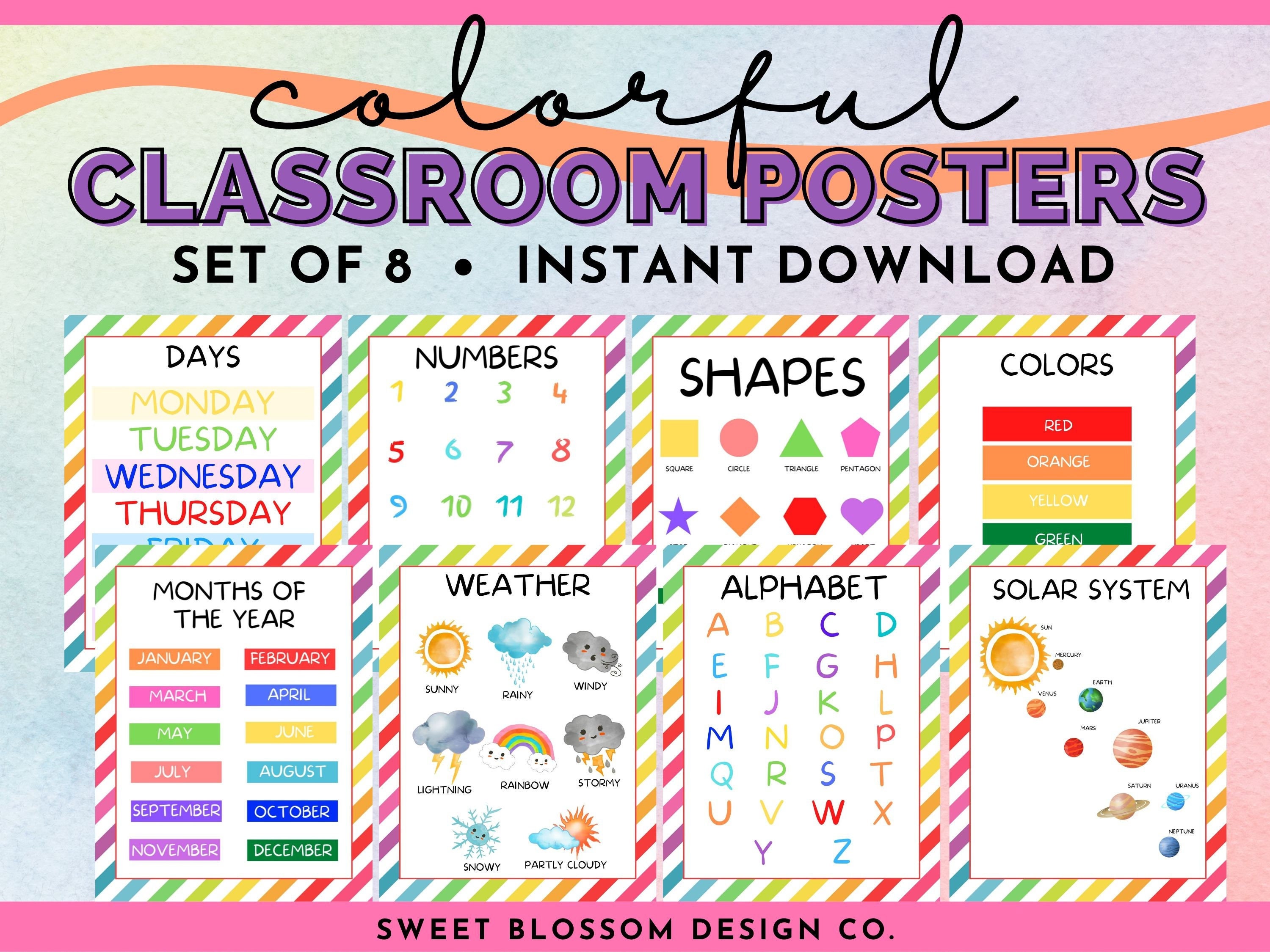 Set of 8 Colorful Classroom Posters, Educational Posters for Kids ...