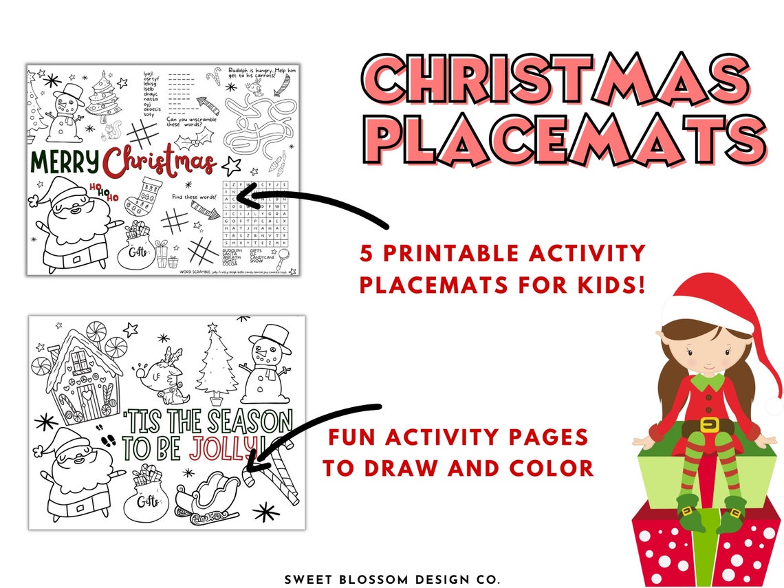 Christmas Activity Placemats, Kids Coloring Placemats Pack of 5 ...
