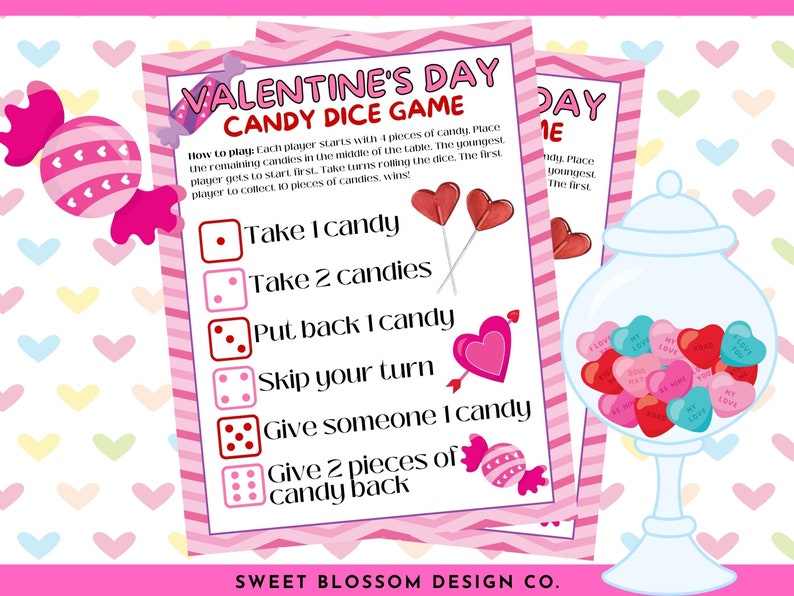 Valentine's Day Candy Dice Game, Valentine's Party Game, Printable ...