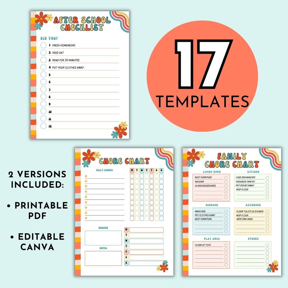 Family Chore Chart Bundle, Editable Kids Chore Chart Checklist Bundle ...