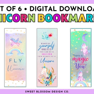 Unicorn Bookmarks, Six Printable Bookmarks for Kids, Printable Unicorn ...