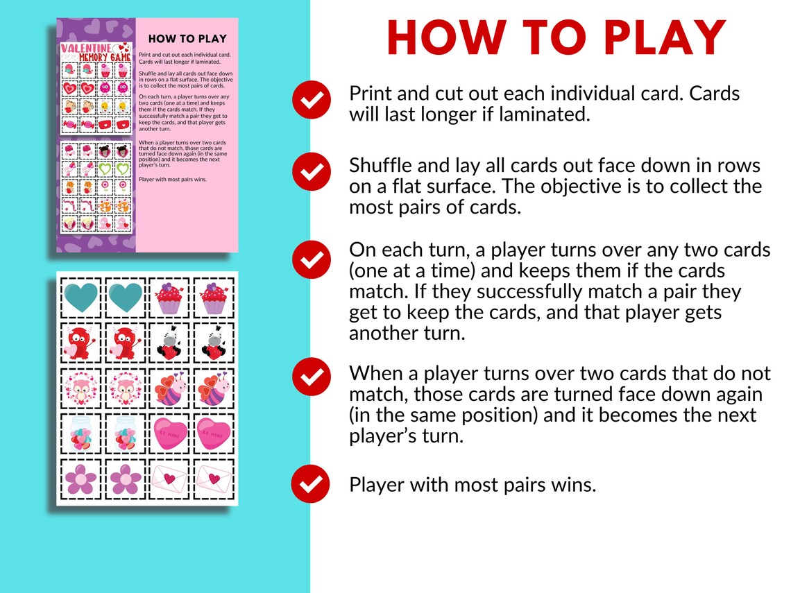 Valentine Memory Game, Printable Valentine Matching Game, Kids Memory ...
