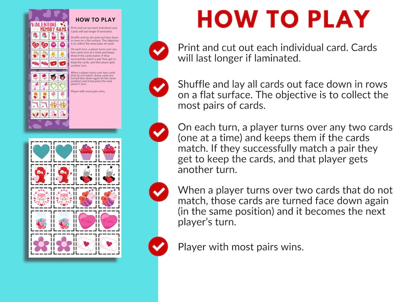 Valentine Memory Game, Printable Valentine Matching Game, Kids Memory ...