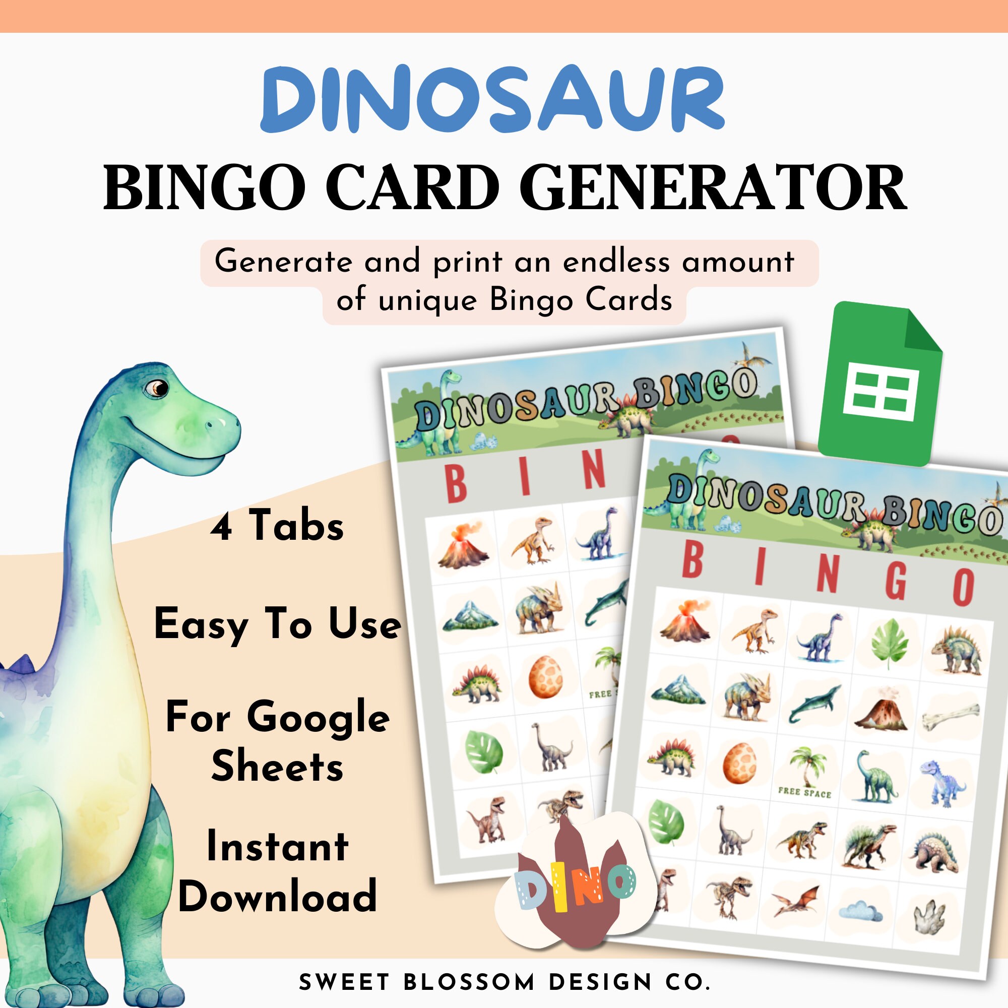 Dinosaur Bingo Card Generator for Google Sheets, Dino Bingo, Google ...