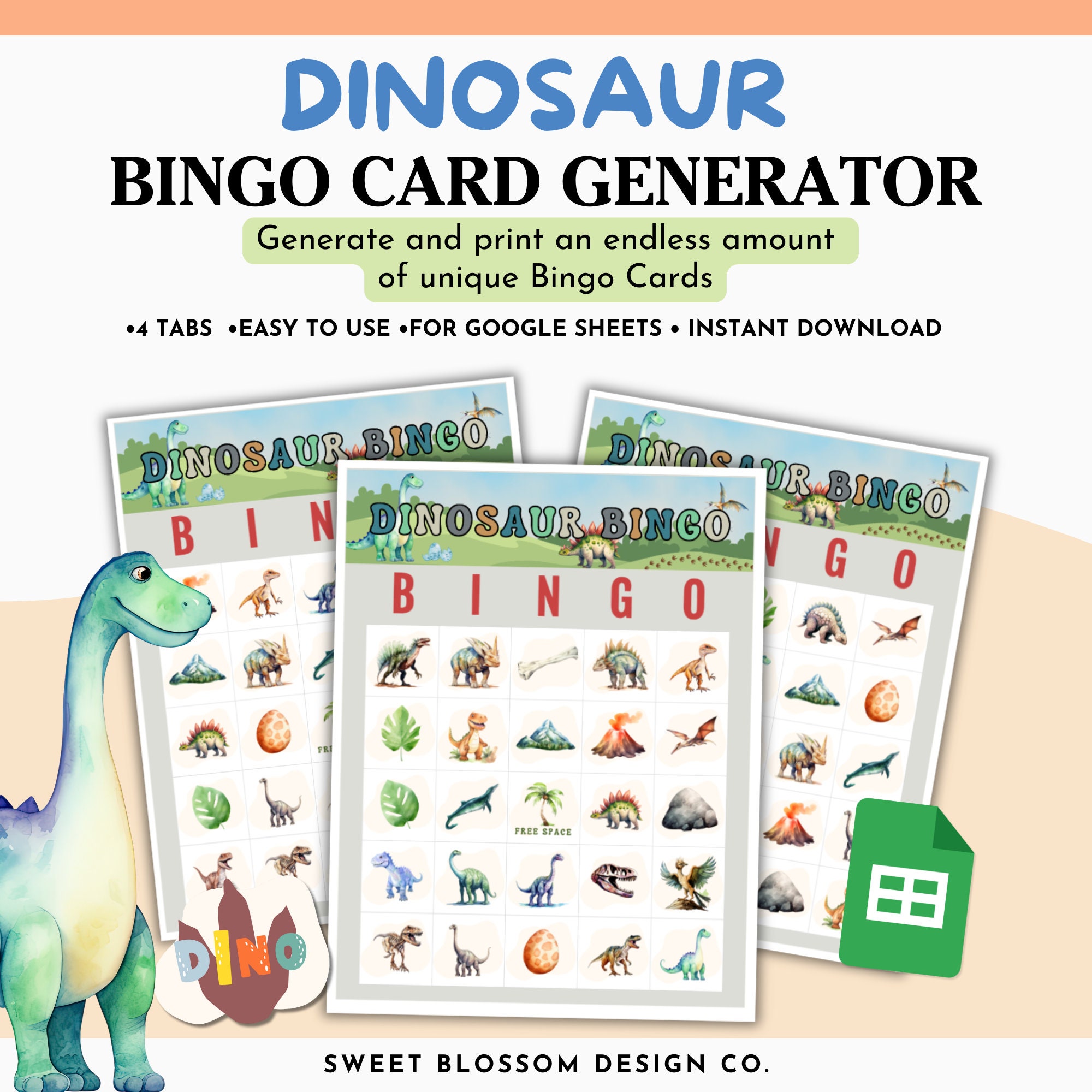 Dinosaur Bingo Card Generator for Google Sheets, Dino Bingo, Google ...