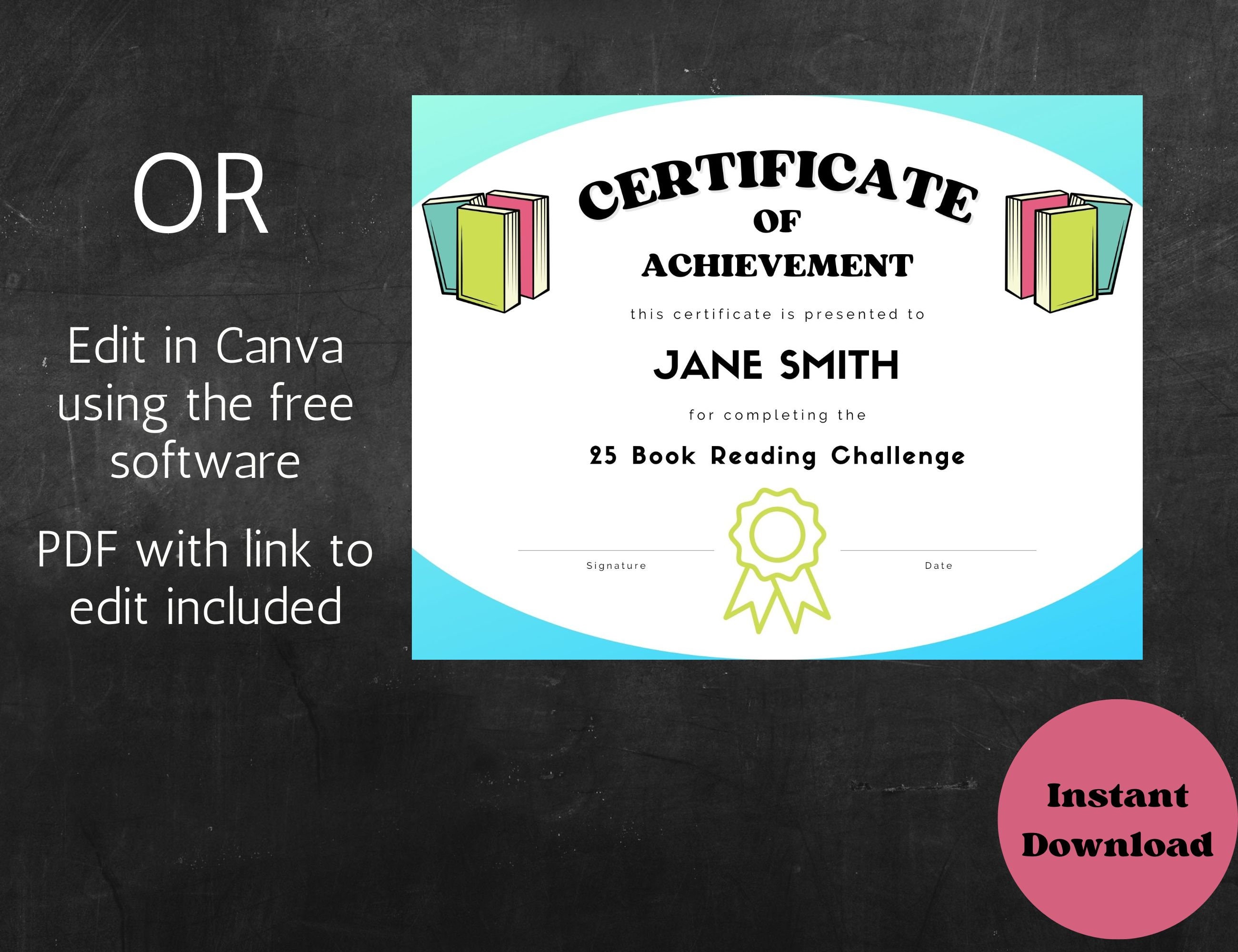 Reading Certificate Book Challenge for Kids Edit in Canva - Etsy