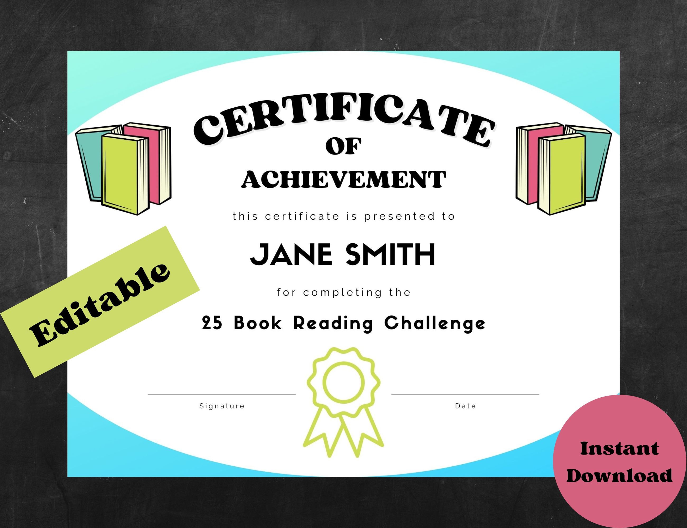 Reading Certificate Book Challenge for Kids Edit in Canva - Etsy
