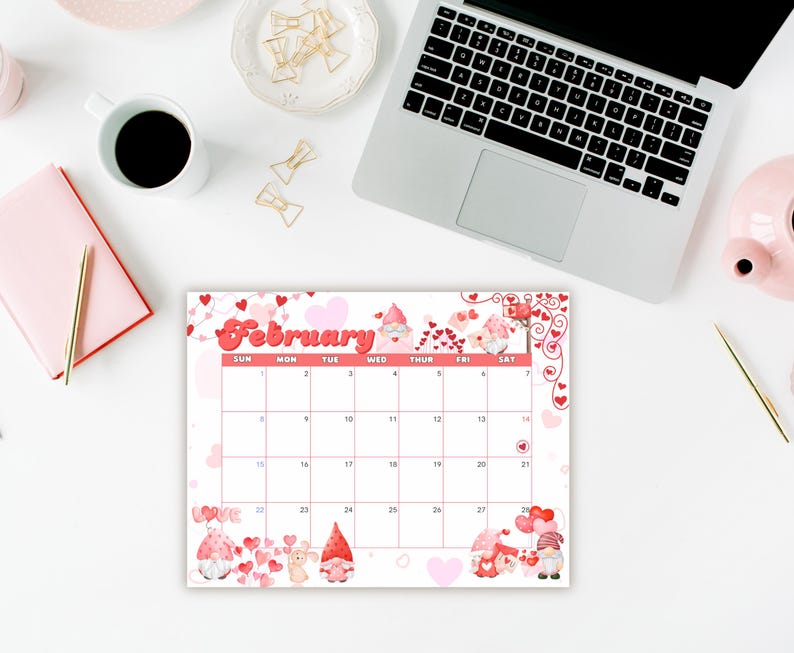 February 2026 Calendar Digital Printable Valentine Monthly Love Gnome ...