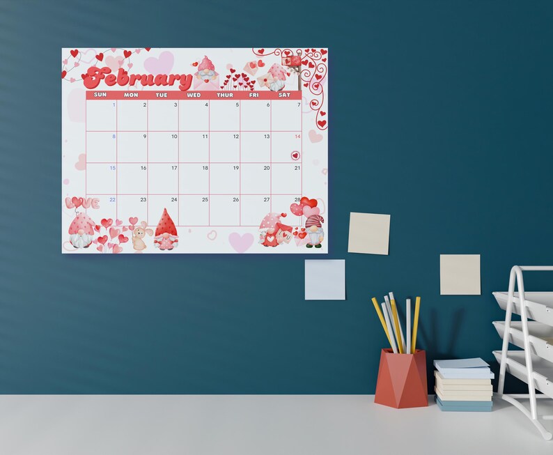 February 2026 Calendar Digital Printable Valentine Monthly Love Gnome ...
